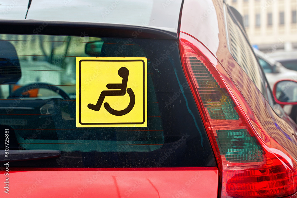 Car with handicap access sticker on rear window, back view. Flat vector ...