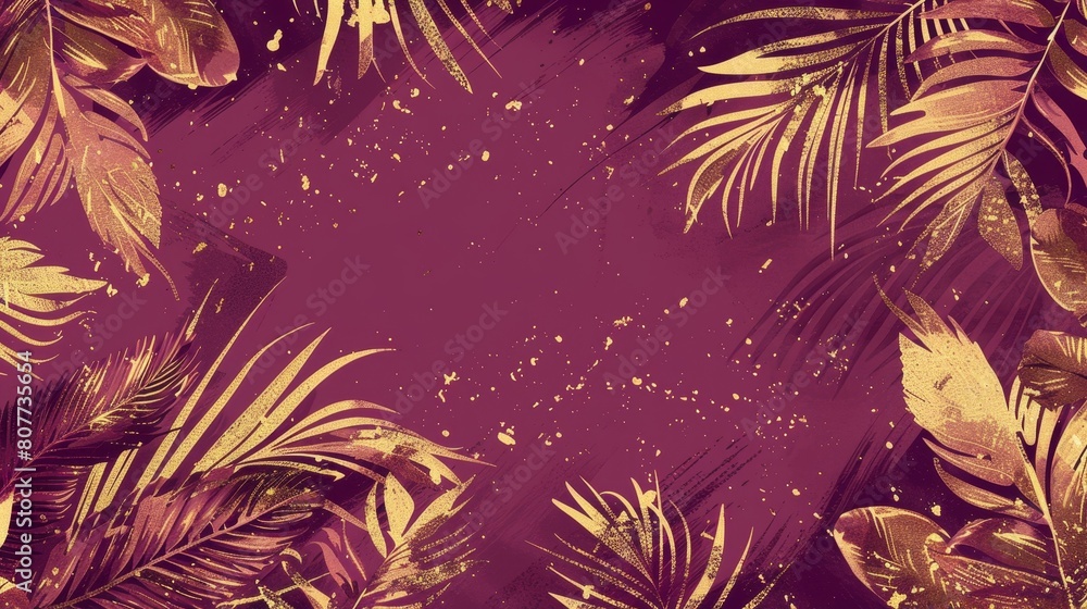 Tropical gold leaves on maroon background modern. Botanical exotic ...