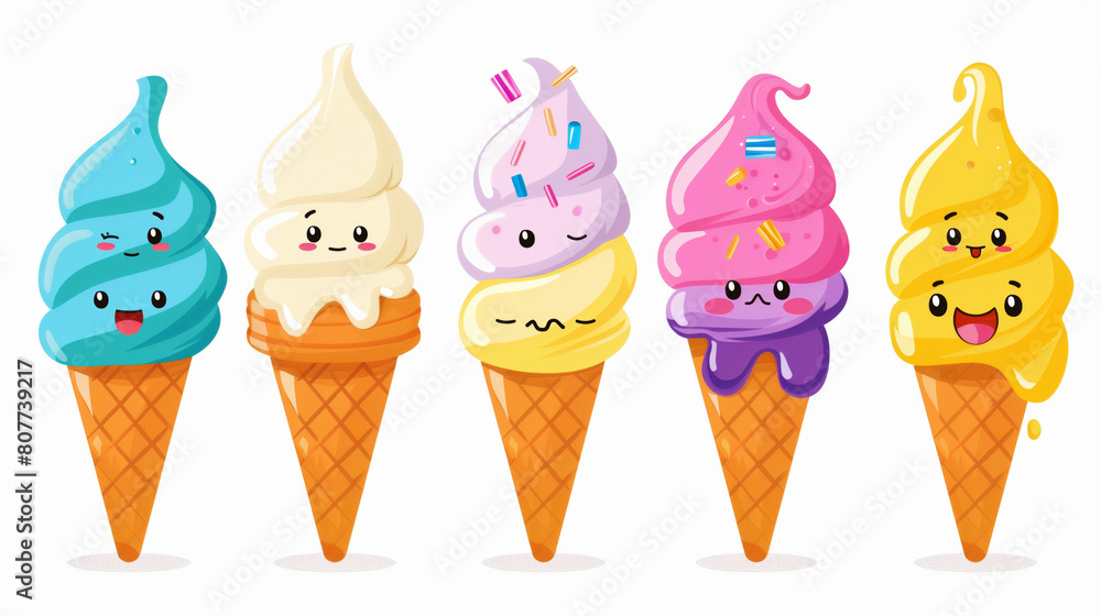 Cute, colorful ice cream cones with happy animated faces in various ...
