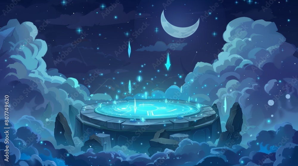 Modern illustration of a large stone circle arena with blue neon ...
