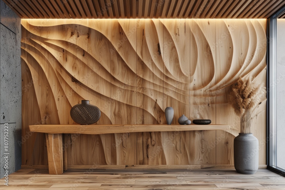 modern luxury hotel lobby wall with wavy wood relief panels and wall ...