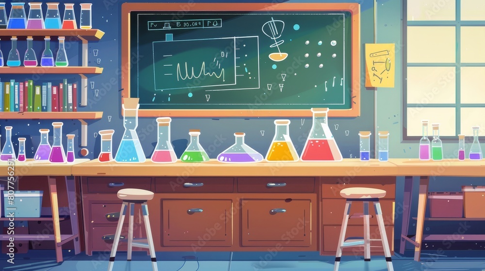 A cartoon diagram of a school chemistry classroom interior with laboratory equipment, supplies ...
