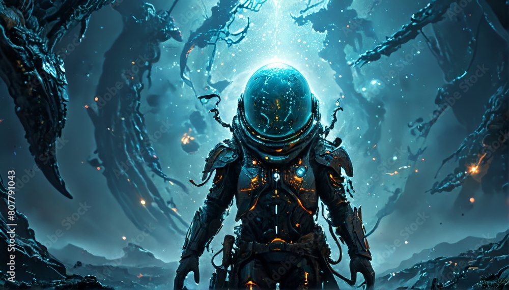 A 3D science fiction scene with astronaut in a spacesuit encountering a ...