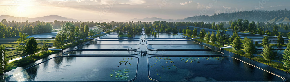 Aerial view of an electrolysis water splitting plant, with solar panels ...