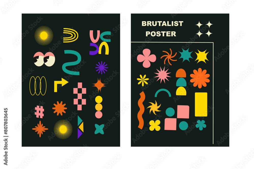 Brutalist posters set with naive playfull shapes and smile stickers ...