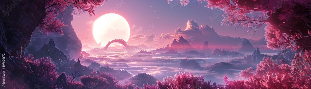 A fantasy landscape is shown with a pink magical forest and a stone ...
