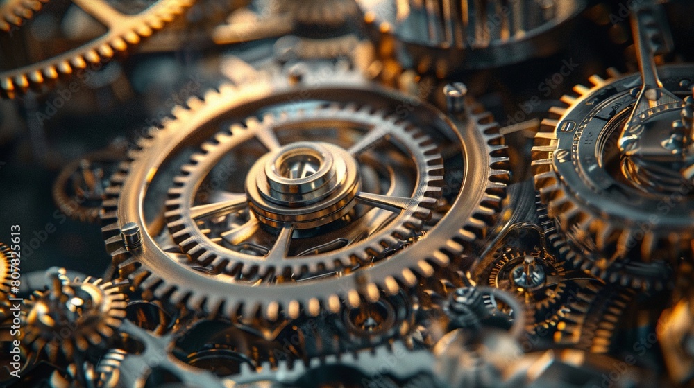An extreme closeup of a steampunk clockwork mechanism, highlighting the ...