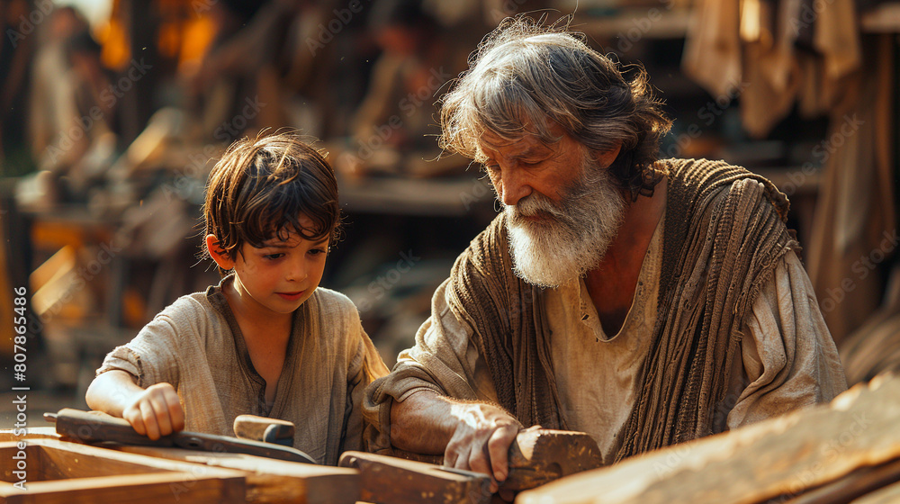 Foto Saint Joseph and the boy Jesus Christ are engaged in carpentry ...