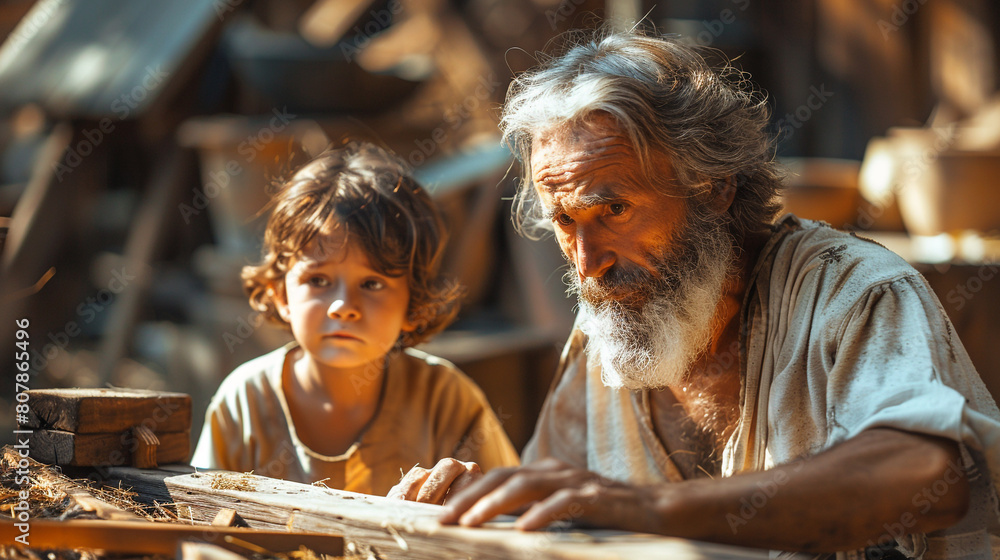 Saint Joseph and the boy Jesus Christ are engaged in carpentry. Holy ...