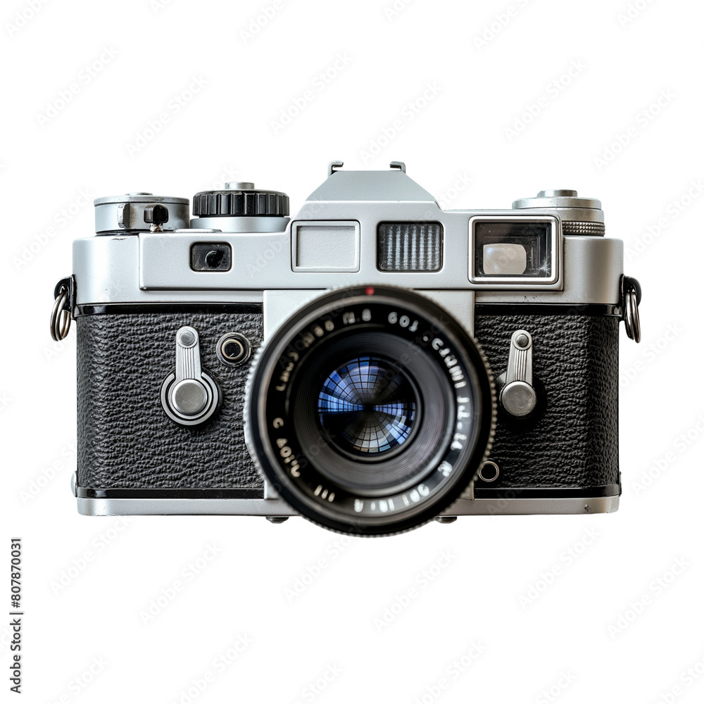 Black and silver vintage camera isolated on a transparent background ...