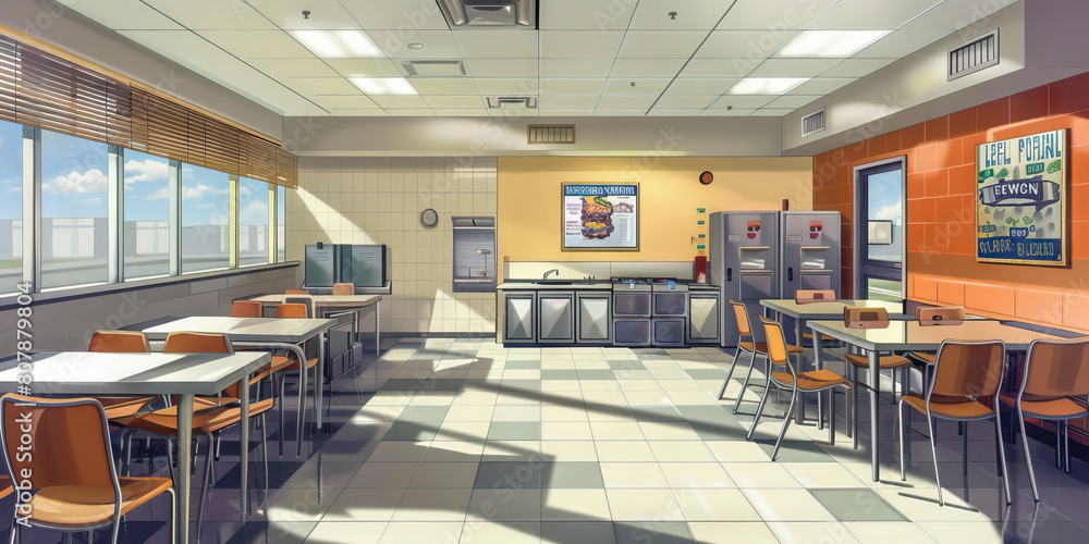 Employee Break Room Floor: Showing break room tables, chairs, lockers ...