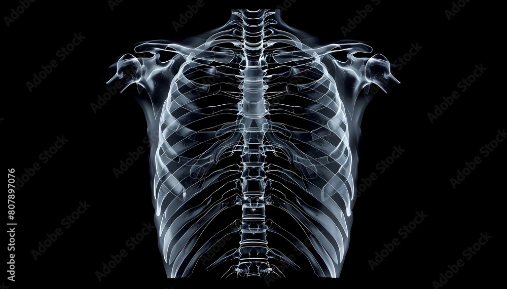X-ray view of a human chest wall thoracic region skeletal structure ...