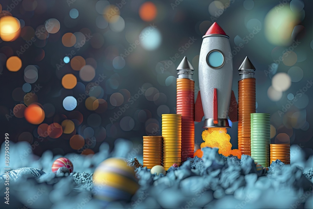 Visualizing business growth with a rocket soaring alongside a rising ...