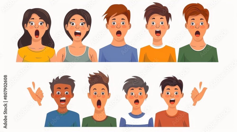 Young people with surprised face expressions on white background. Flat ...