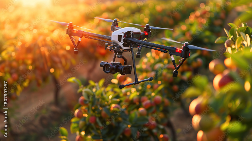 high-tech drones equipped with multispectral cameras flying over orchards, capturing detailed ...