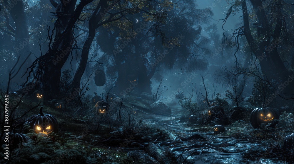 a spine-chilling depiction of an eerie glade nestled within a haunted ...