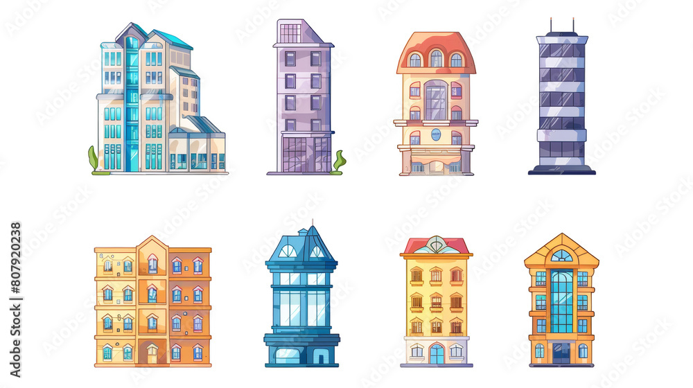 set of Building structure icons, cartoon style, cute icons, transparent ...