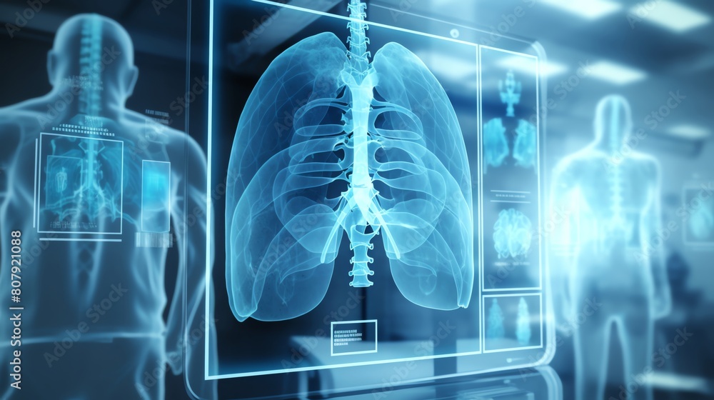 Closeup of a lung CT scan displayed on a medical monitor showing ...