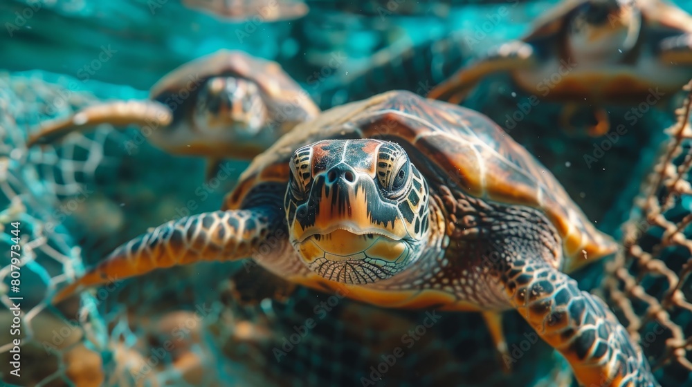 Turtles trapped in fishing nets due to ocean pollution, in sea water ...