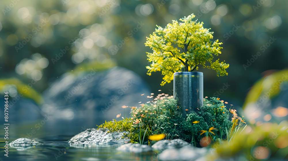 Battery storage and renewable energy illustration with 3D trees as a ...