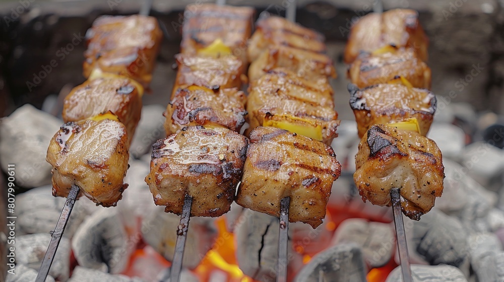 Mouth-watering pork skewers sizzle vividly over a blazing grill, with ...