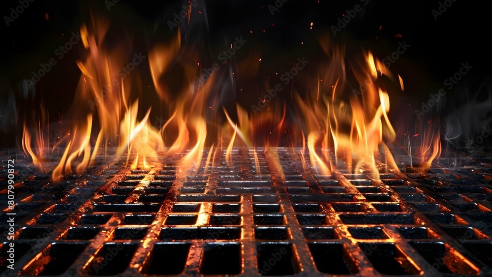 Barbecue grill fire illuminating black background with flames empty ...