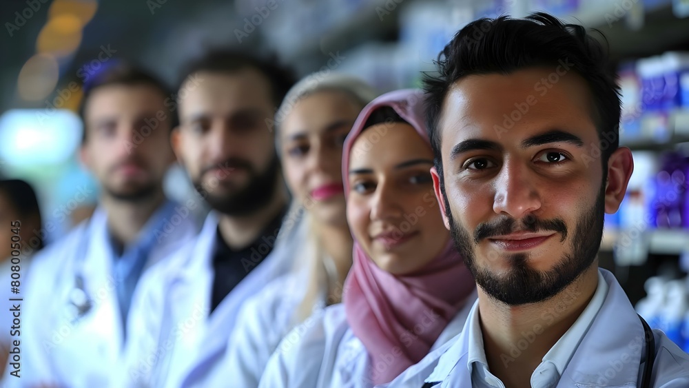 Pharmacists and healthcare professionals posing together in a pharmacy ...