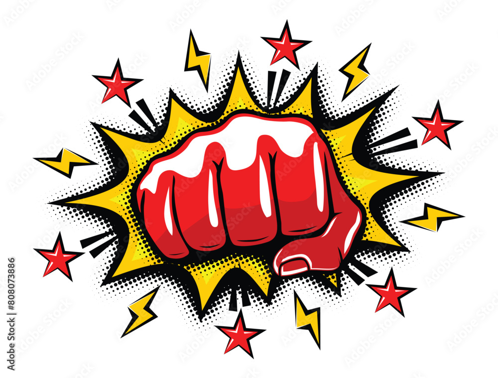 Explosive blow fist, strong punch drawn in comic style. Fist punching ...