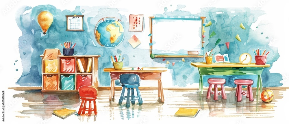 Watercolor of education depicting a colorful classroom in kid styles ...