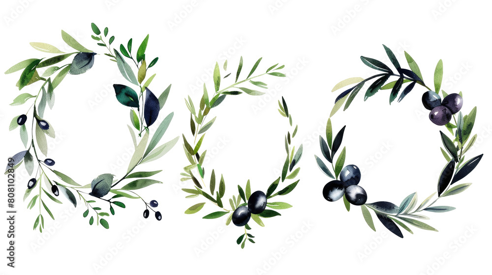 Set of watercolor olive branch round wreath with black and green fruit ...