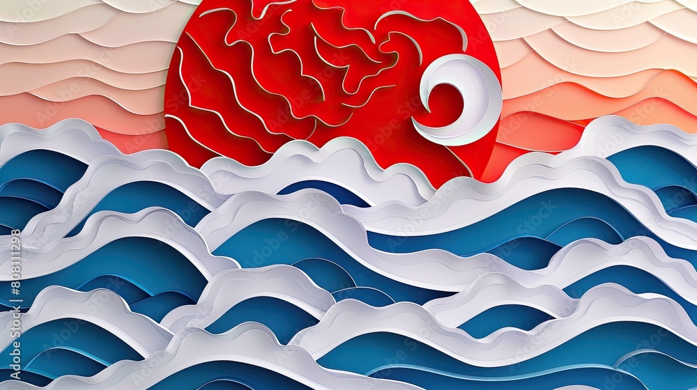 Abstract papercut art of ocean waves rising and falling, with a red ...