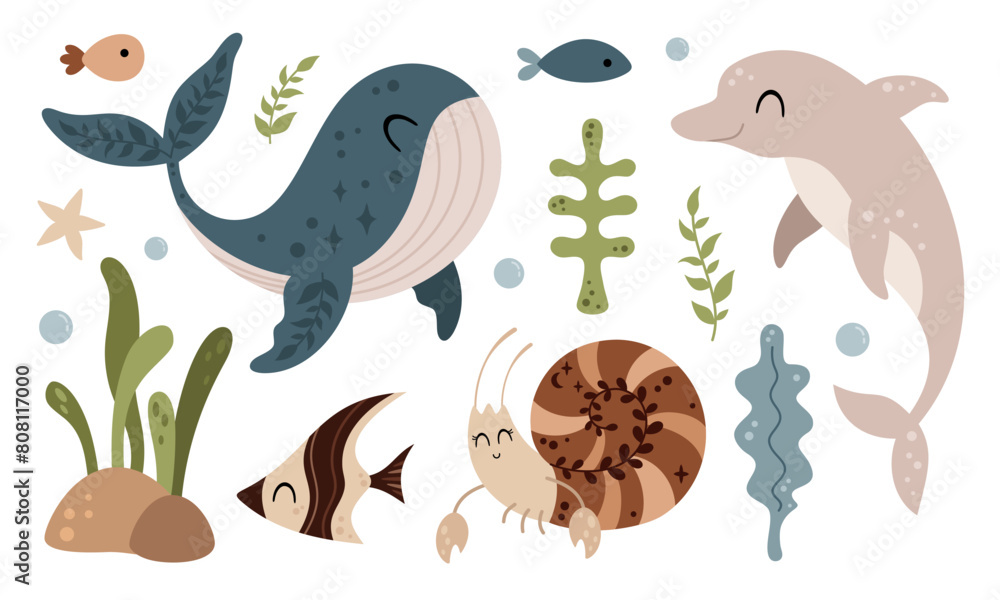 Sea animals clipart with whale, dolphin, crayfish, fish, starfish ...