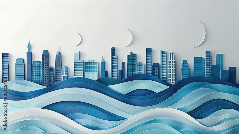 Papercut art of a coastal city skyline with gradually rising blue paper ...