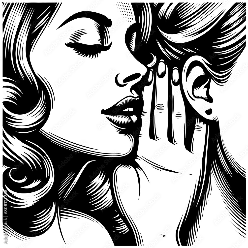 pin-up girls, one whispering a secret into the other ear, with ...