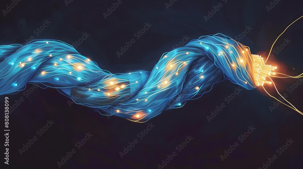 A drawing of a fiber optic cable, ends glowing, wrapped loosely to show ...