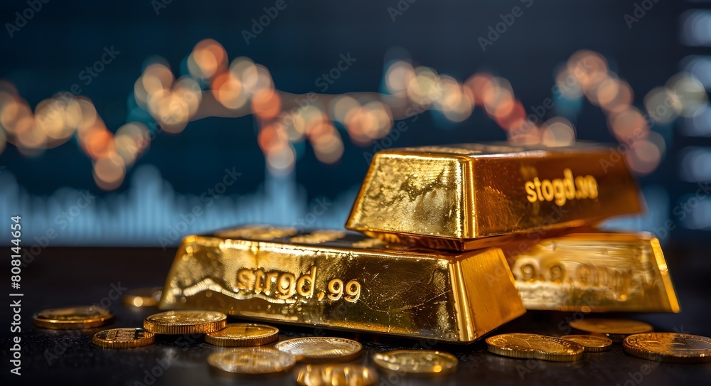 Gold bars and stock chart on black background, gold bars with stock ...
