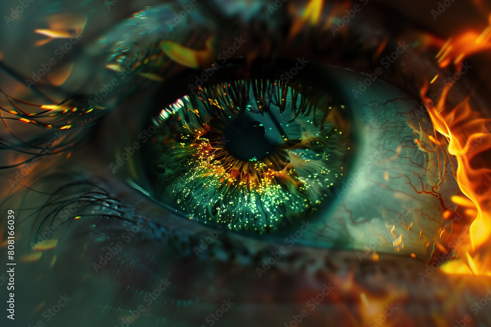 All seeing eye concept. Close up view of human green eye with sparkling ...