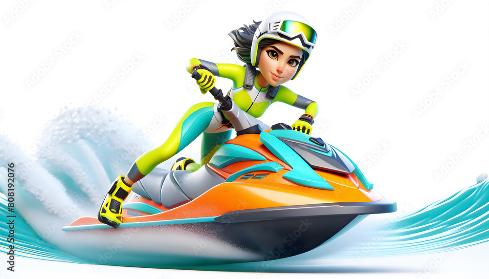 Vibrant 3D Caricature of Woman Driving Jet Ski in Neon Green and Yellow ...