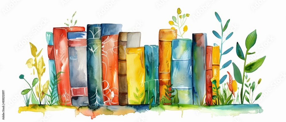 Watercolor of education showcasing a library filled with books in ...