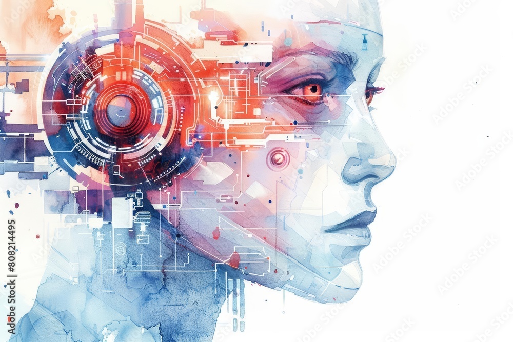 Watercolor of technology featuring an artificial intelligence interface ...