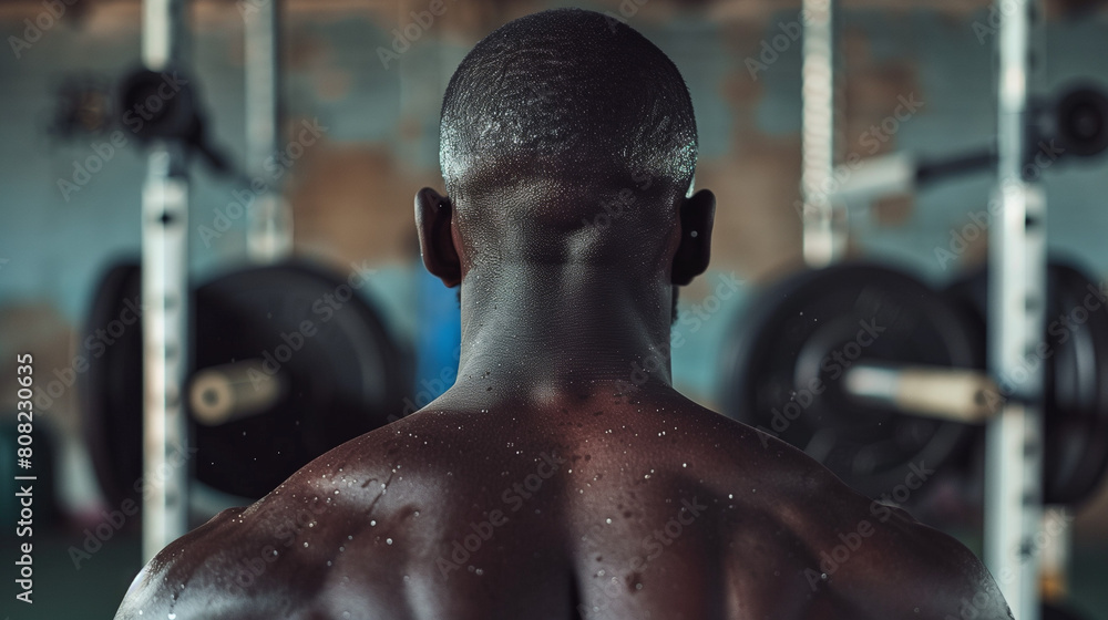 Back view of a broad African American man who is a fitness fanatic ...