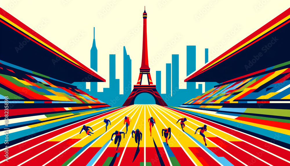 games 2024 in Paris France. Athletes running in a sports event, Eiffel ...