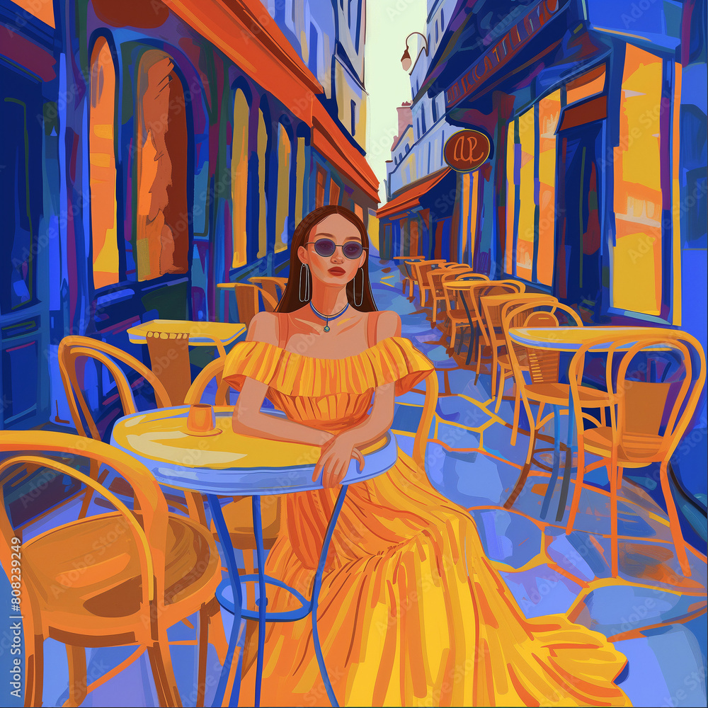 Charming Parisian cafe in Montmartre, bursting with color and playful ...