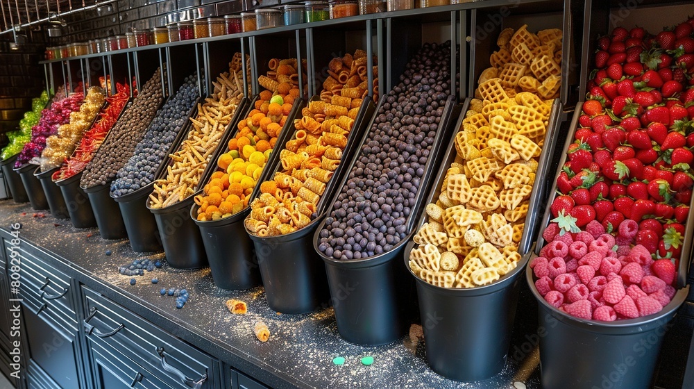 A store display showcases various waffle types and foods in transparent ...