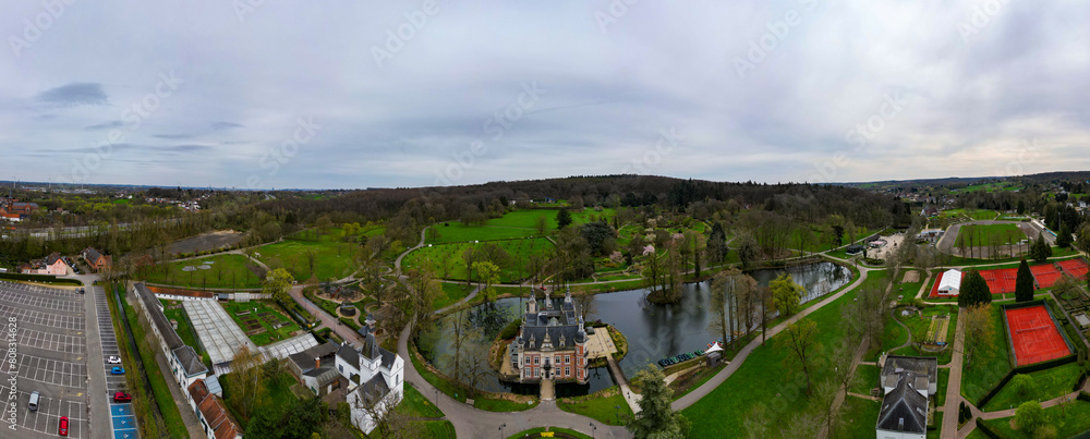 Huizingen, Belgium, 26th of March, 2024, This panoramic aerial image ...
