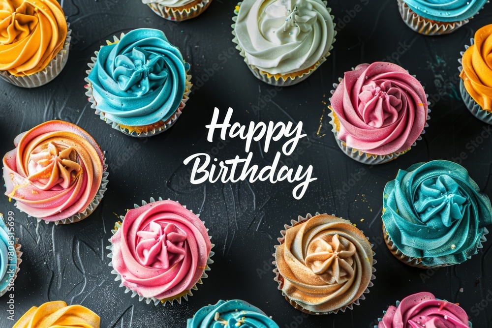 colorful cupcakes with colorful frosting, on a black background, a top ...