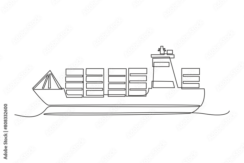Simple continuous line draw of Large cargo ships carry a lot of goods ...