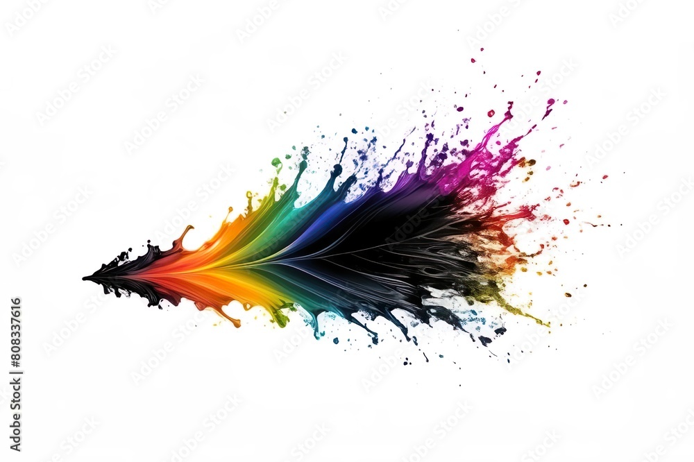 Create an image of rainbow liquid splash emanating from a black leaves ...