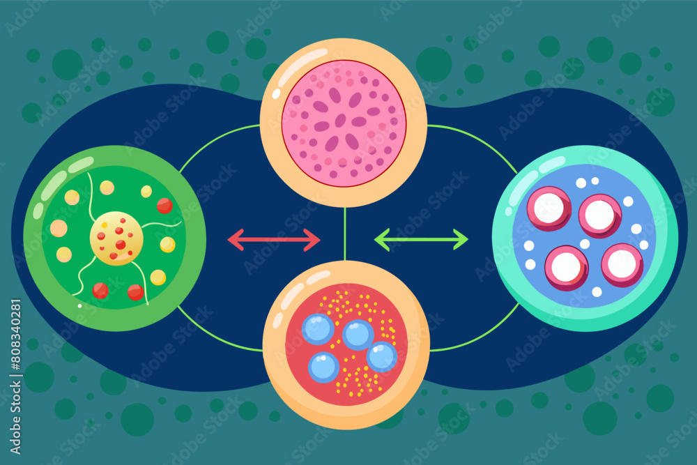 Colorful illustration of various animal cells connected by arrows ...