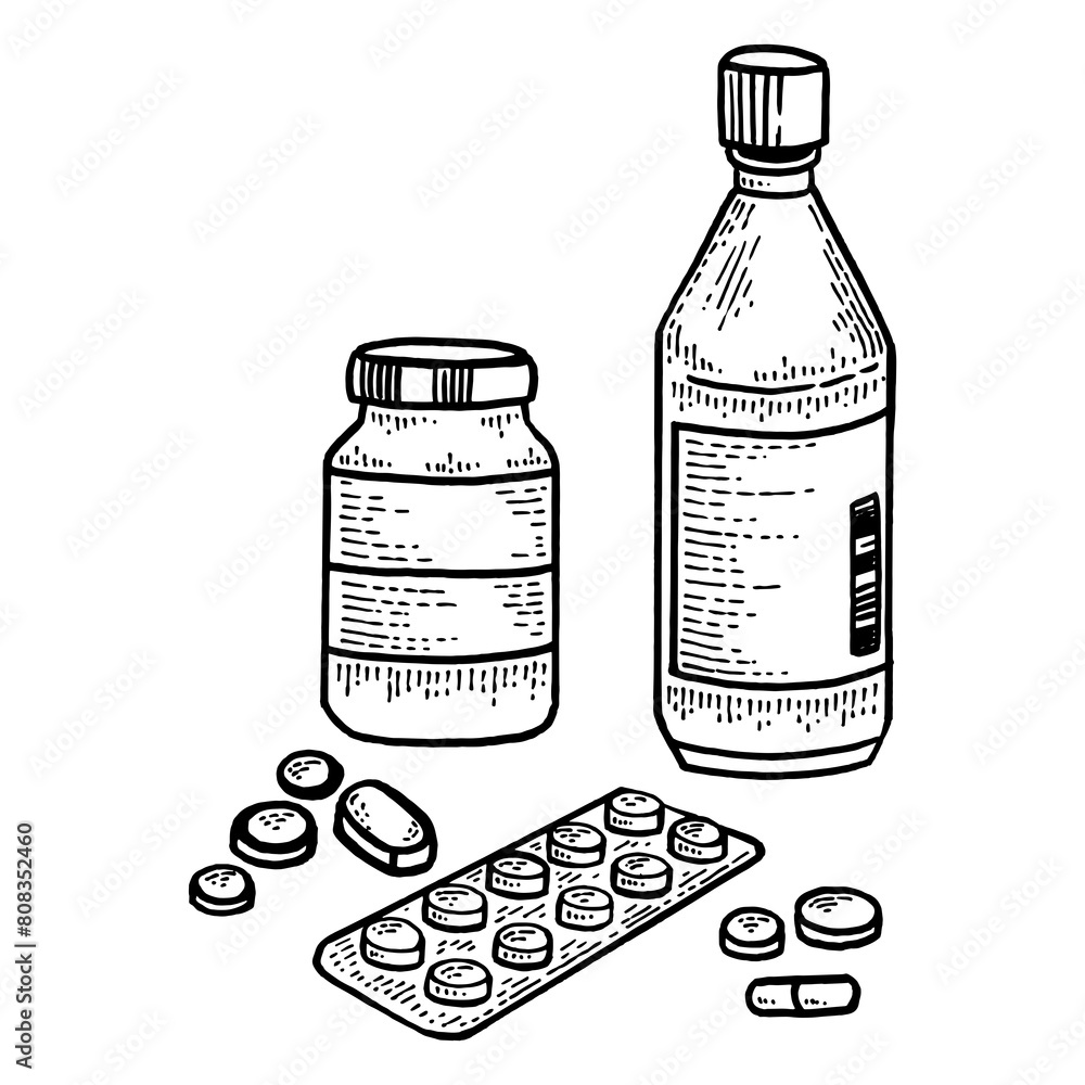 Medicine drug set sketch engraving PNG illustration. T-shirt apparel ...